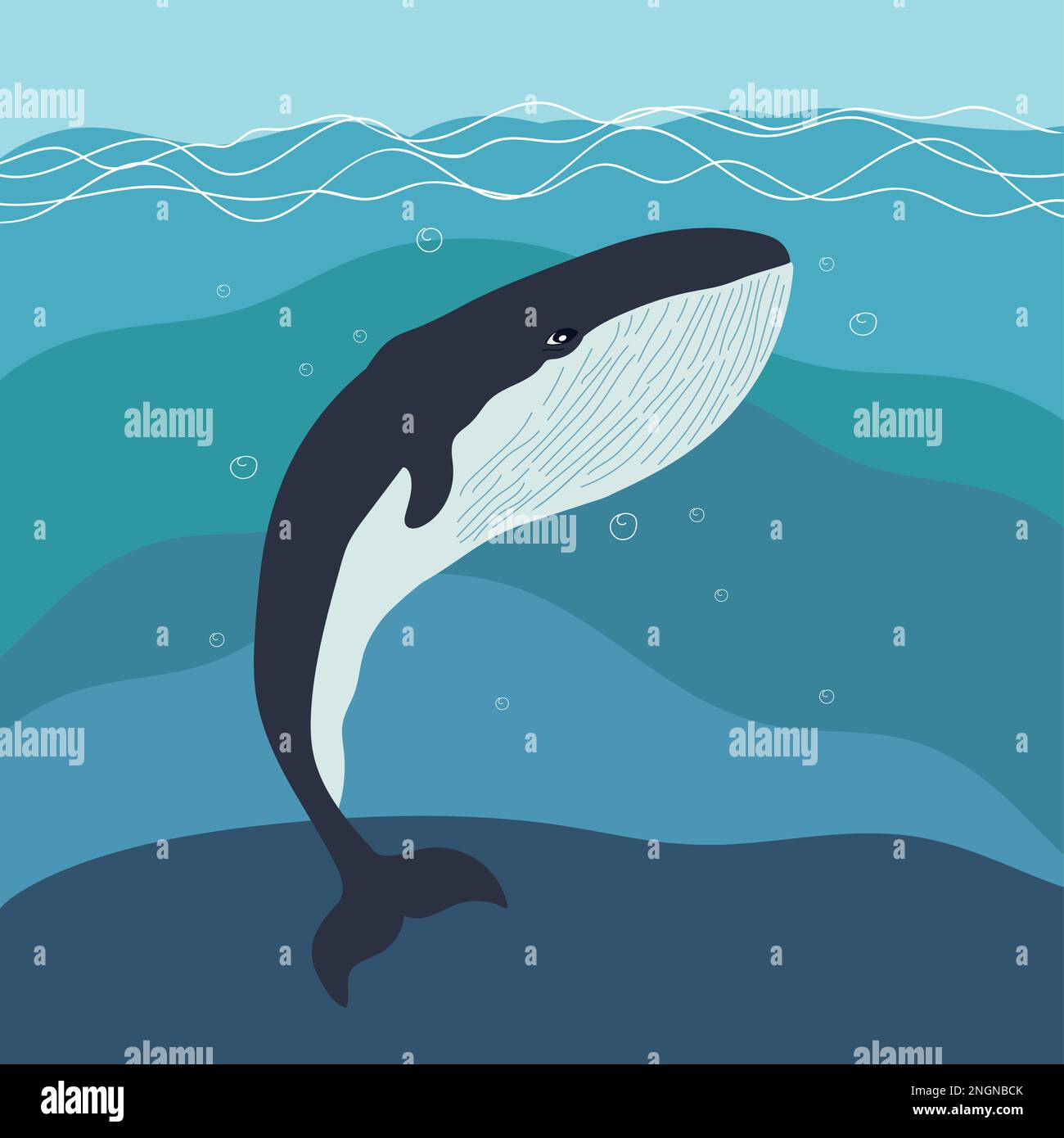 A whale in waves. Ocean theme. Simple marine art in flat style. Hand ...
