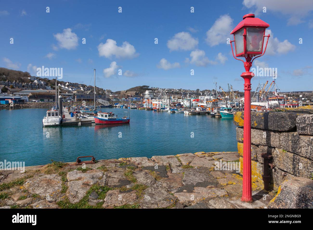 Red lamp post in the old Harbour, Newlyn, Cornwall, England, UK Stock ...