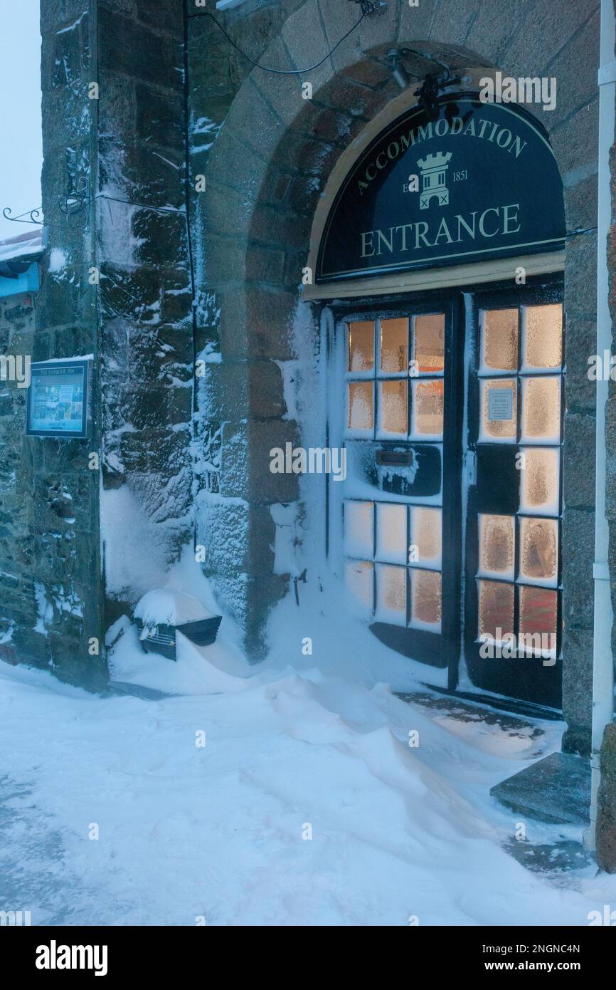 The entrance to the Harbour Inn covered in Snow, Beast from the East ...