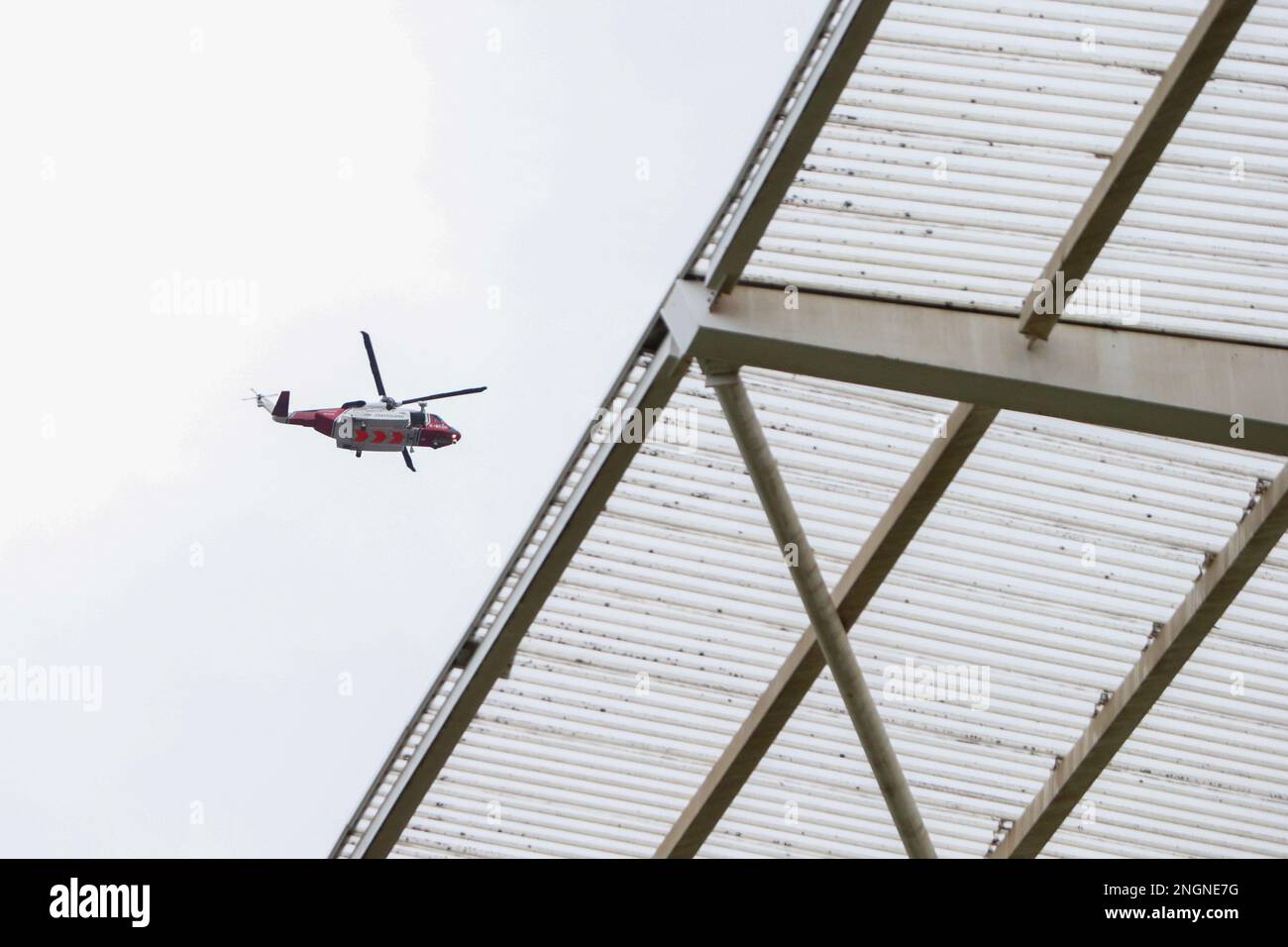 A coastguard helicopter flies over the stadium during the Sky Bet ...
