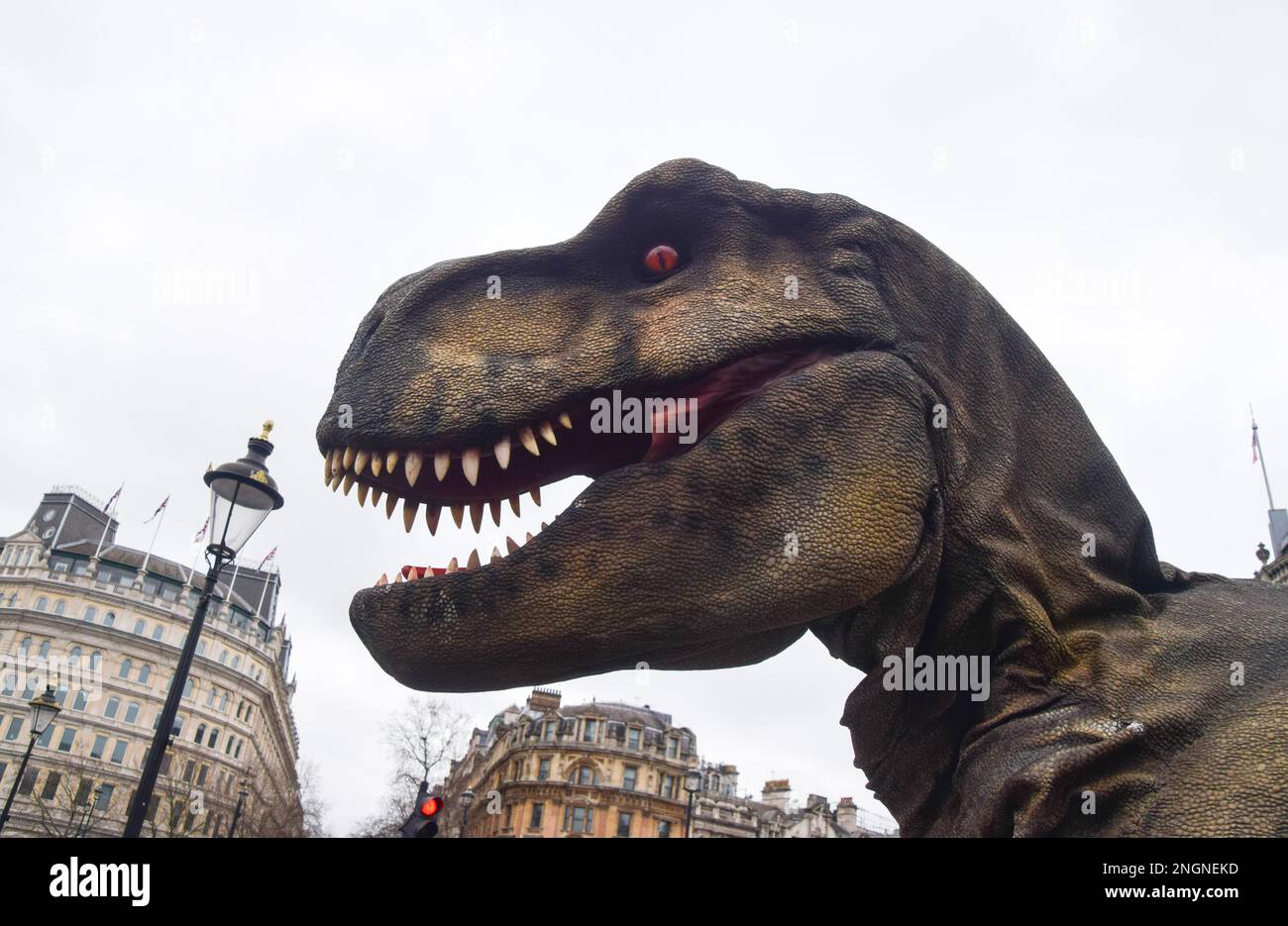 London, England, UK. 18th Feb, 2023. Performers in lifelike dinosaur ...