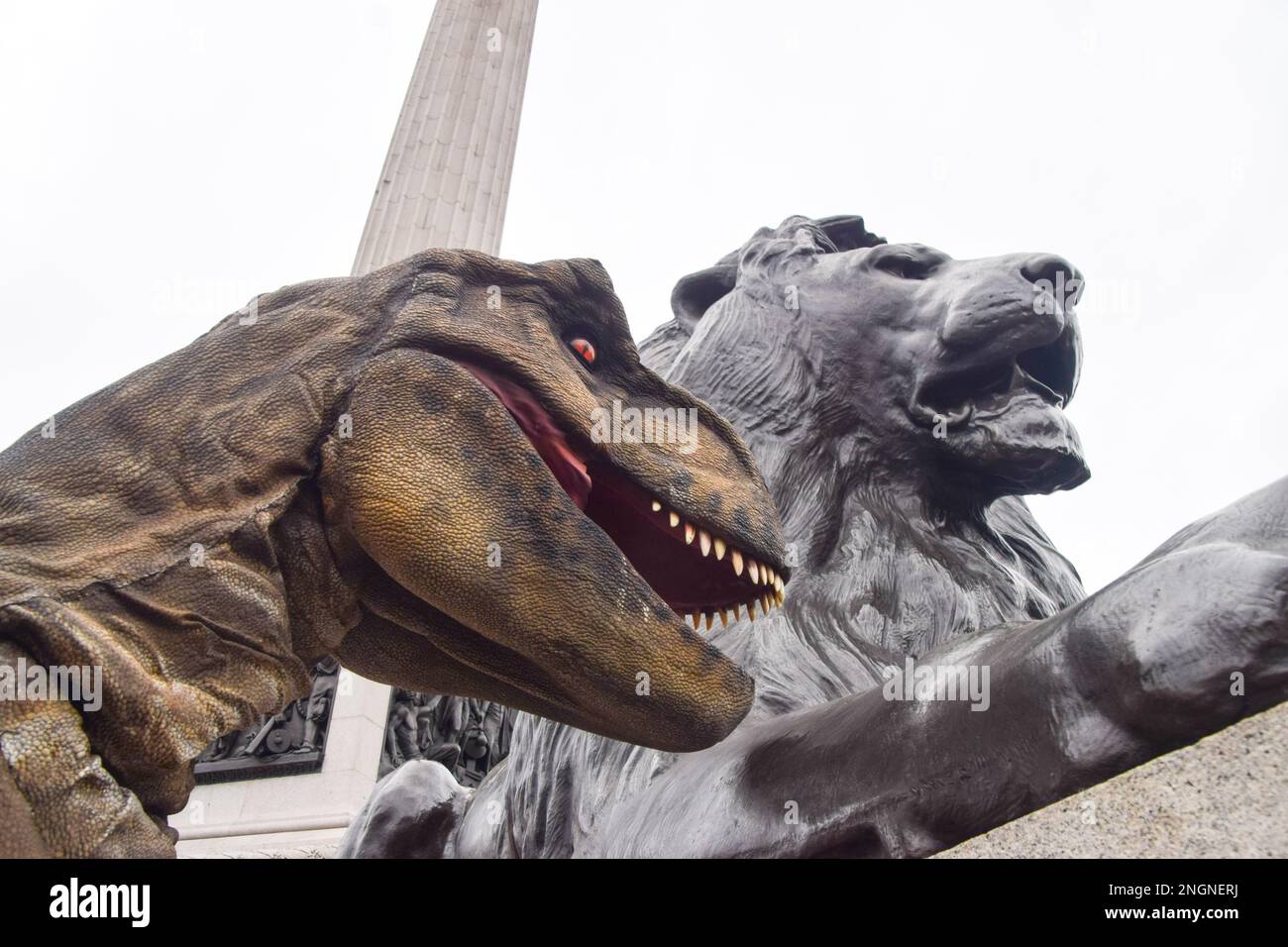 London, England, UK. 18th Feb, 2023. A T-Rex stands next to a lion ...