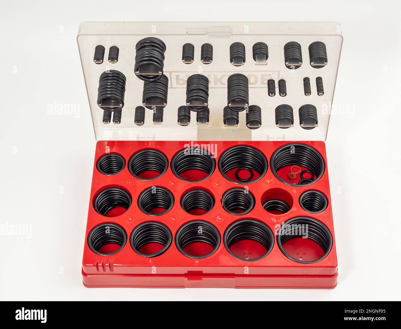 Hydraulic and pneumatic o-rings in black in different sizes on a white ...