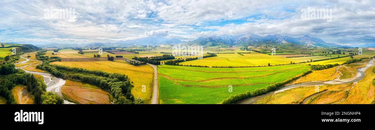 Scenic aerial panorama of Mararoa river valley in New Zealand South ...