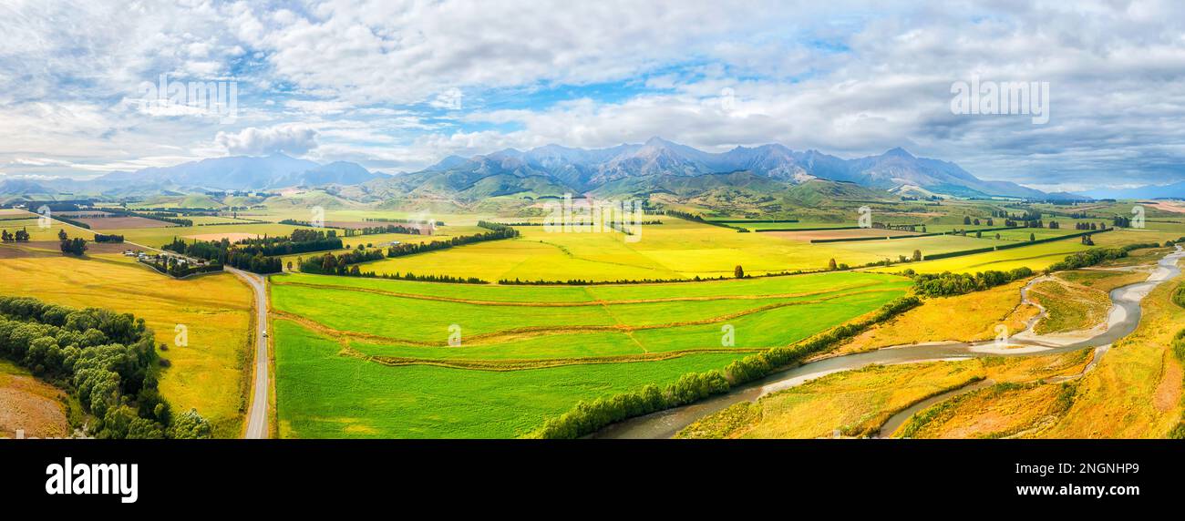 Aerial panorama of Mararoa river valley in New Zealand South Island at ...
