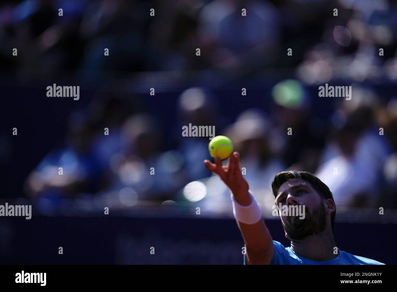 Cameron Norrie, of Britain, serves to Juan Pablo Varillas, of Peru ...