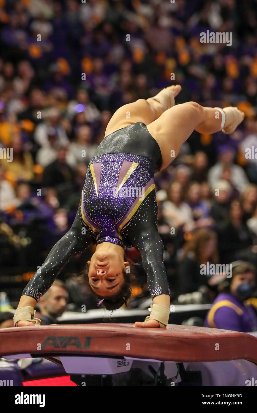 Baton Rouge, LA, USA. 17th Feb, 2023. LSU's Elena Arenas leaps off the ...