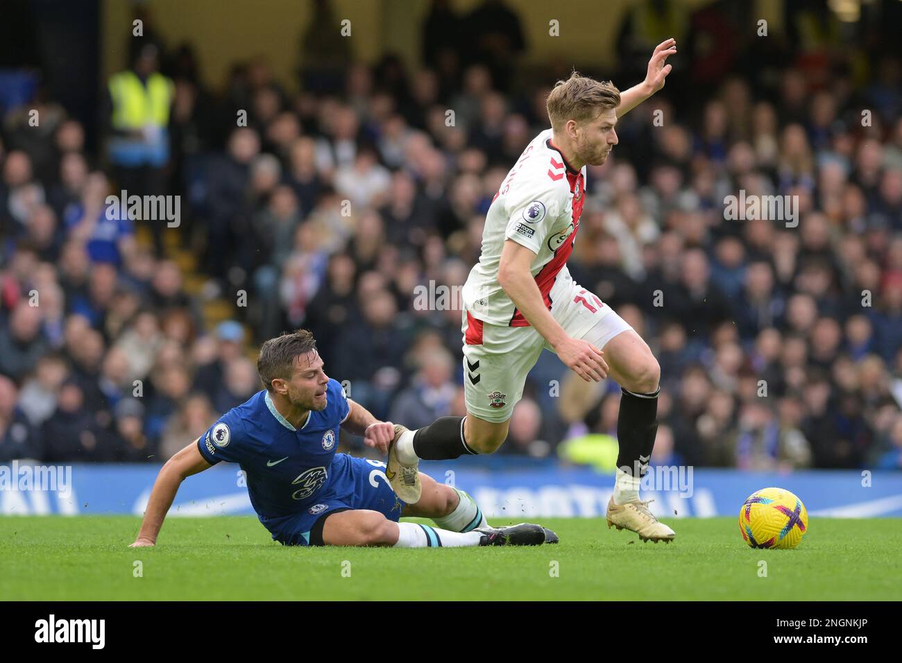 London, UK. 18th Feb, 2023. Cesar Azpilicueta of Chelsea brings down ...
