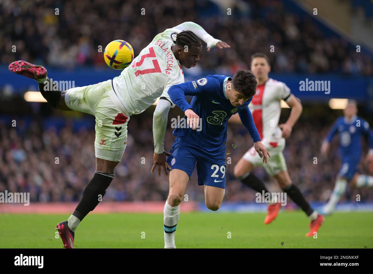 London, UK. 18th Feb, 2023. Kai Havertz of Chelsea clashes with Armel Bella-Kotchap of ...