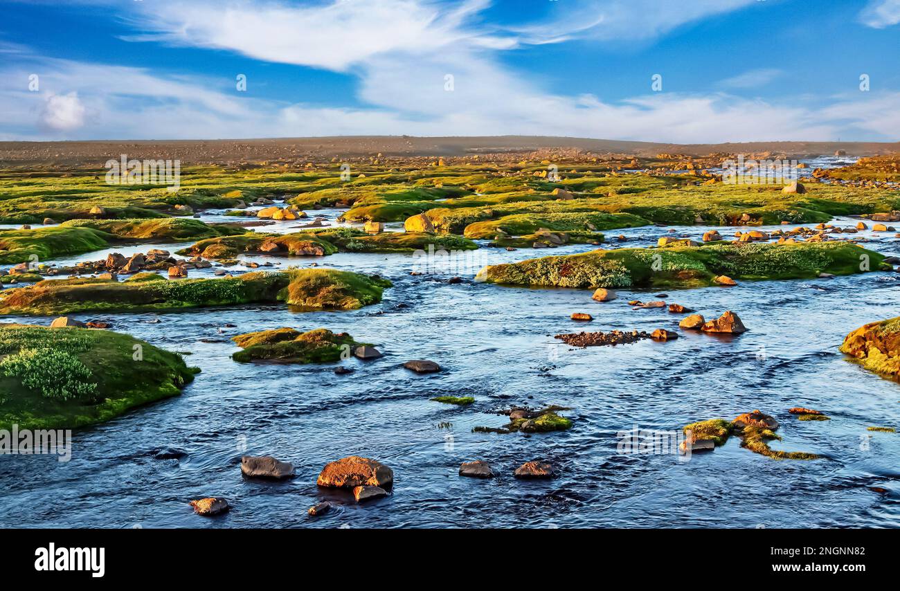 Beautiful mystical lakescape with many green moss covered rocks and ...