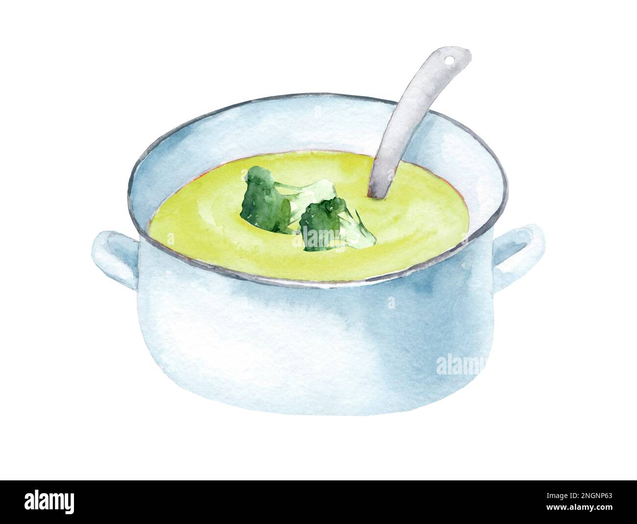 Vegetarian cream soup with fresh broccoli. Hand drawn watercolor ...
