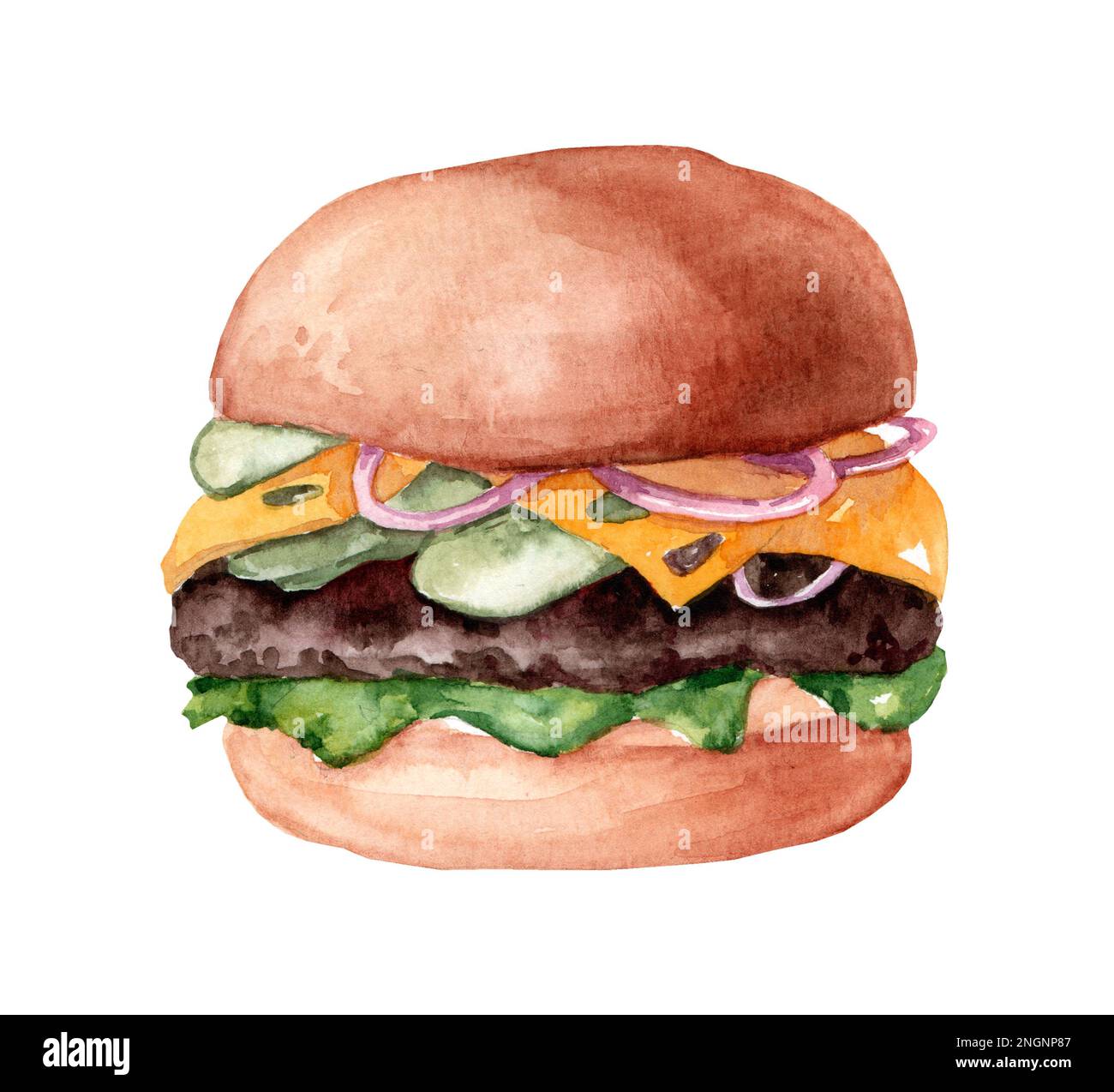 Fresh tasty burger. Watercolor hand drawn illustration, isolated on ...