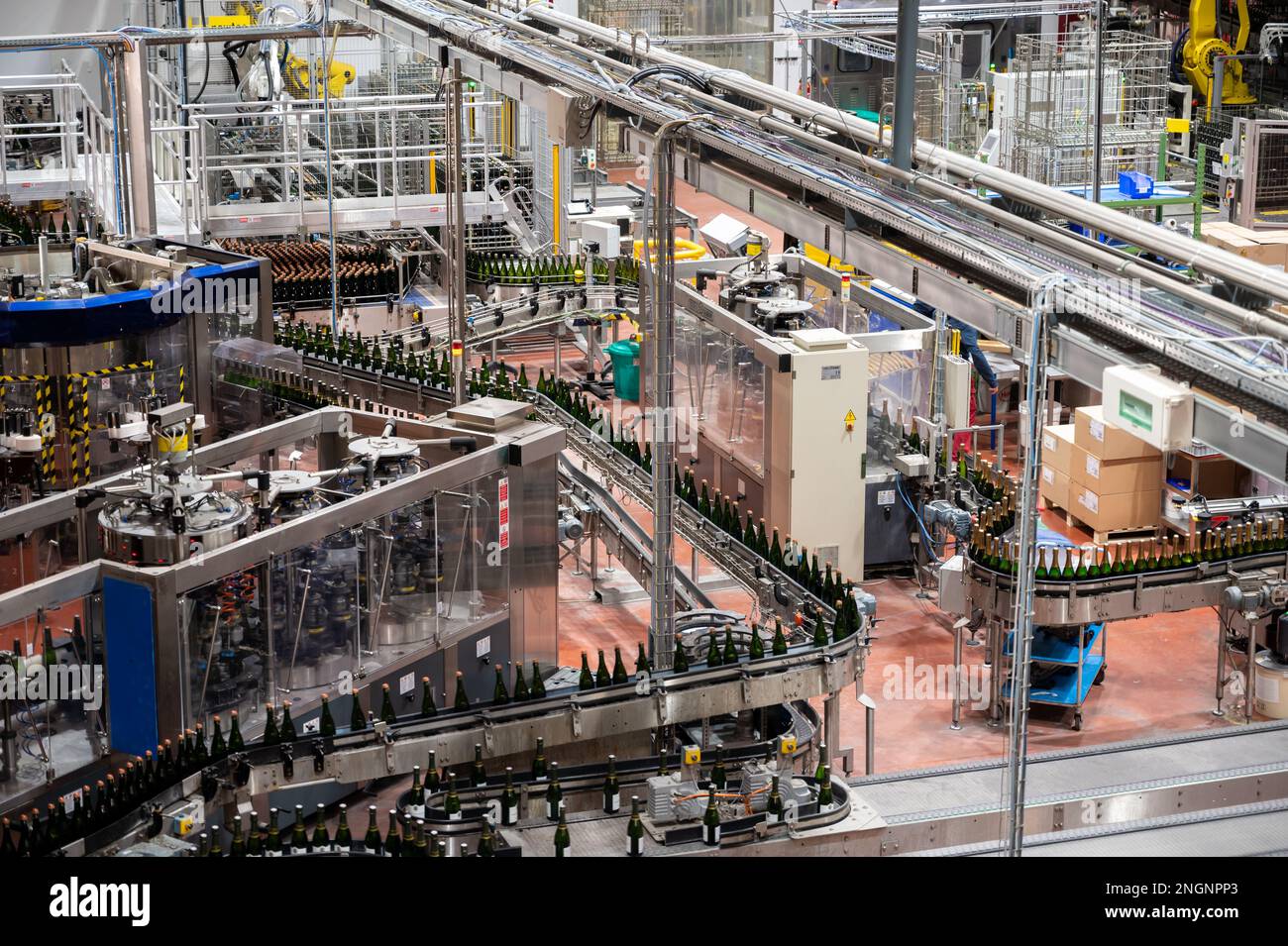 Production of cremant sparkling wine in Burgundy, France. Automatically ...