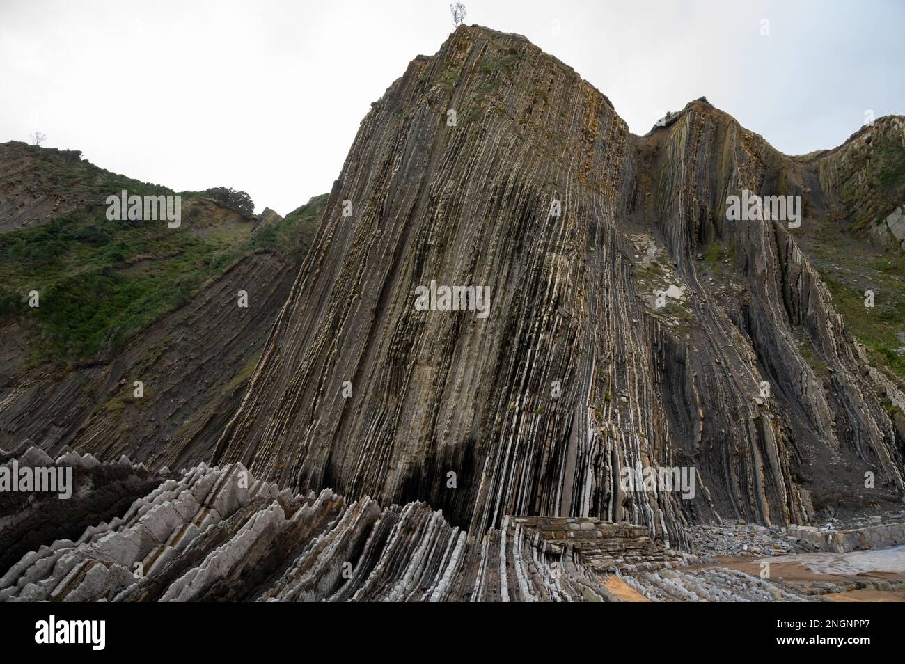 View on steeply-tilted layers of flysch geological formation on ...