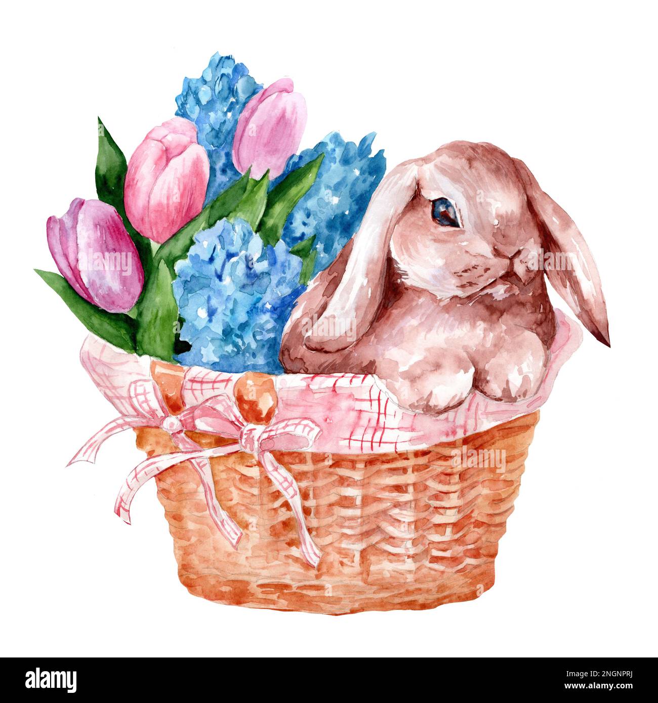 Watercolor Easter Bunny in a wicker basket with spring flowers. Tulips ...