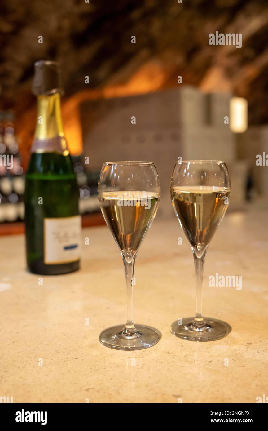 Tasting of rose champagne sparkling wine produced by traditional method in dark underground ...