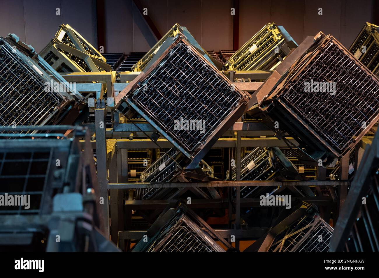 Production of cremant sparkling wine in Burgundy, France. Automatically ...