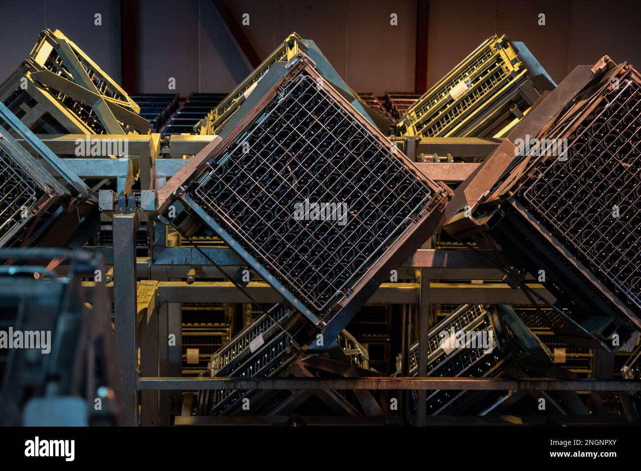 Production of cremant sparkling wine in Burgundy, France. Automatically ...