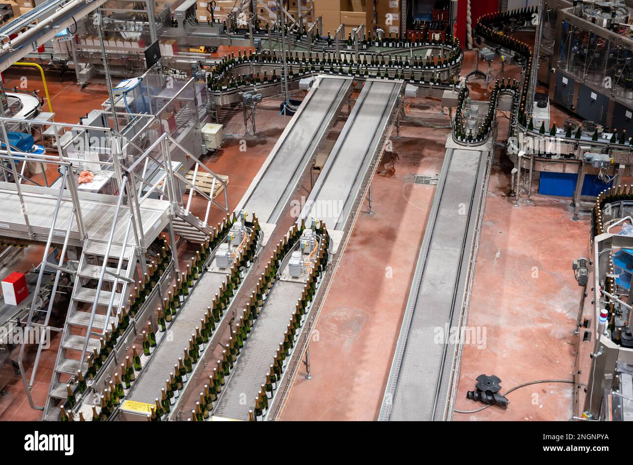 Production of cremant sparkling wine in Burgundy, France. Automatically ...
