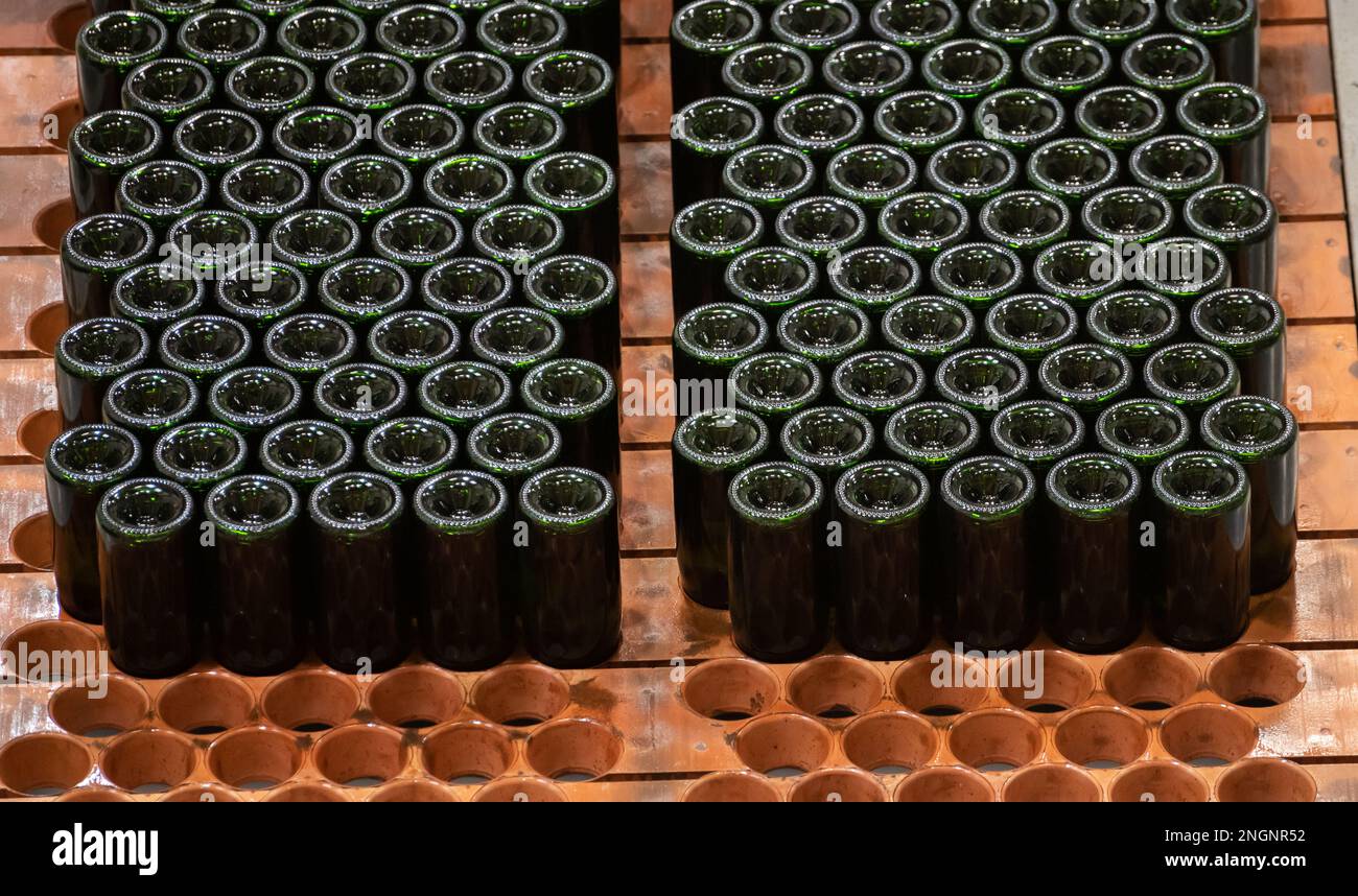 Production of cremant sparkling wine in Burgundy, France. Automatically ...