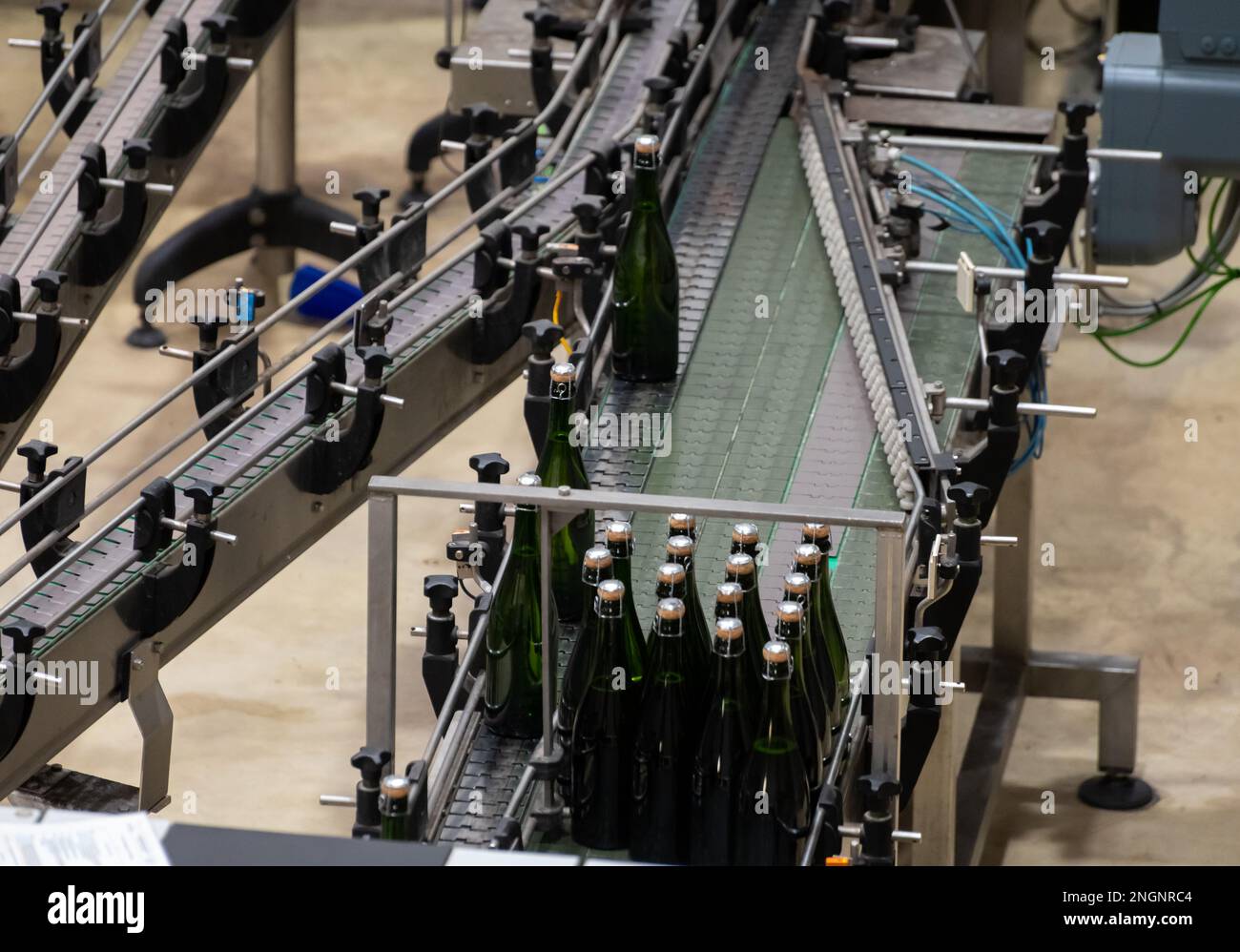 Production of cremant sparkling wine in Burgundy, France. Automatically ...