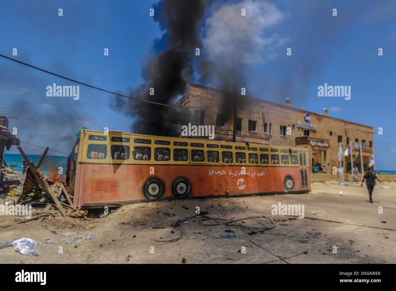 Gaza, Palestine. Civil defense teams put out a fire after the Israeli ...