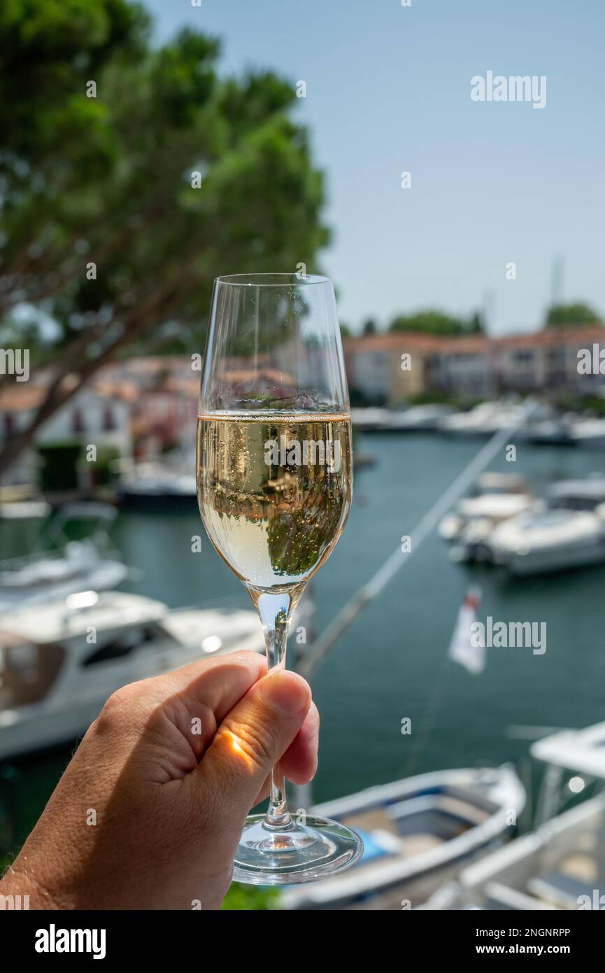 New year party, drinking of French brut champagne sparkling wine in ...