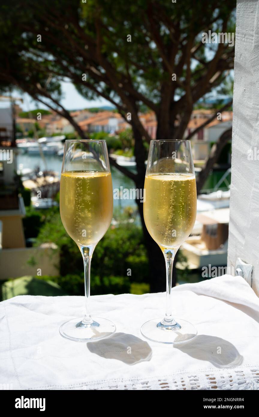 Summer party, drinking of French brut champagne sparkling wine in ...