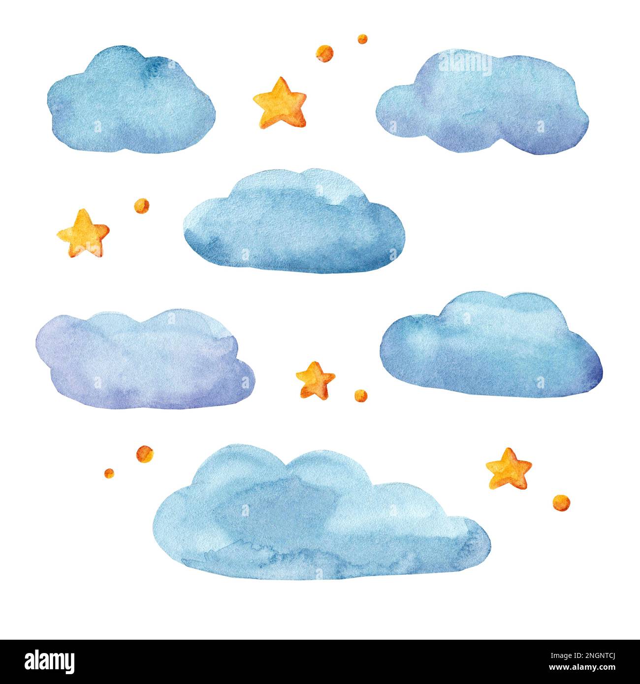 Watercolor cloud and stars illustration. Isolated on a white background ...