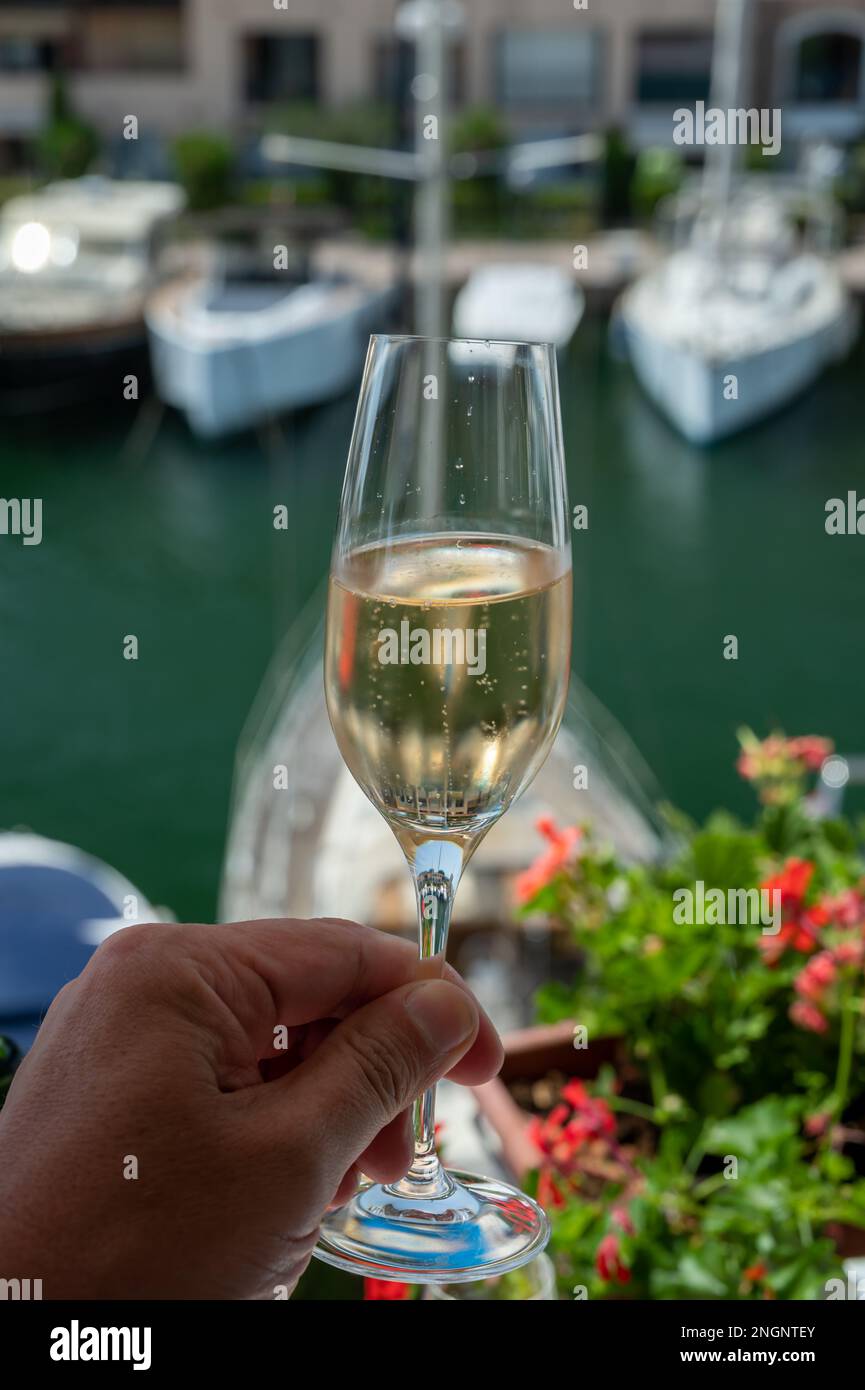 New year party, drinking of French brut champagne sparkling wine in ...