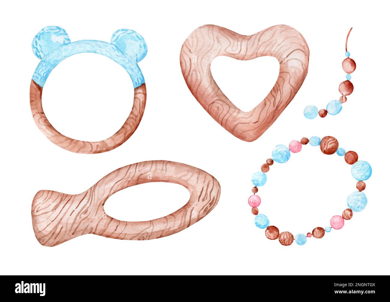 Wooden teether set watercolor illustration. Cute hand drawn baby shower ...