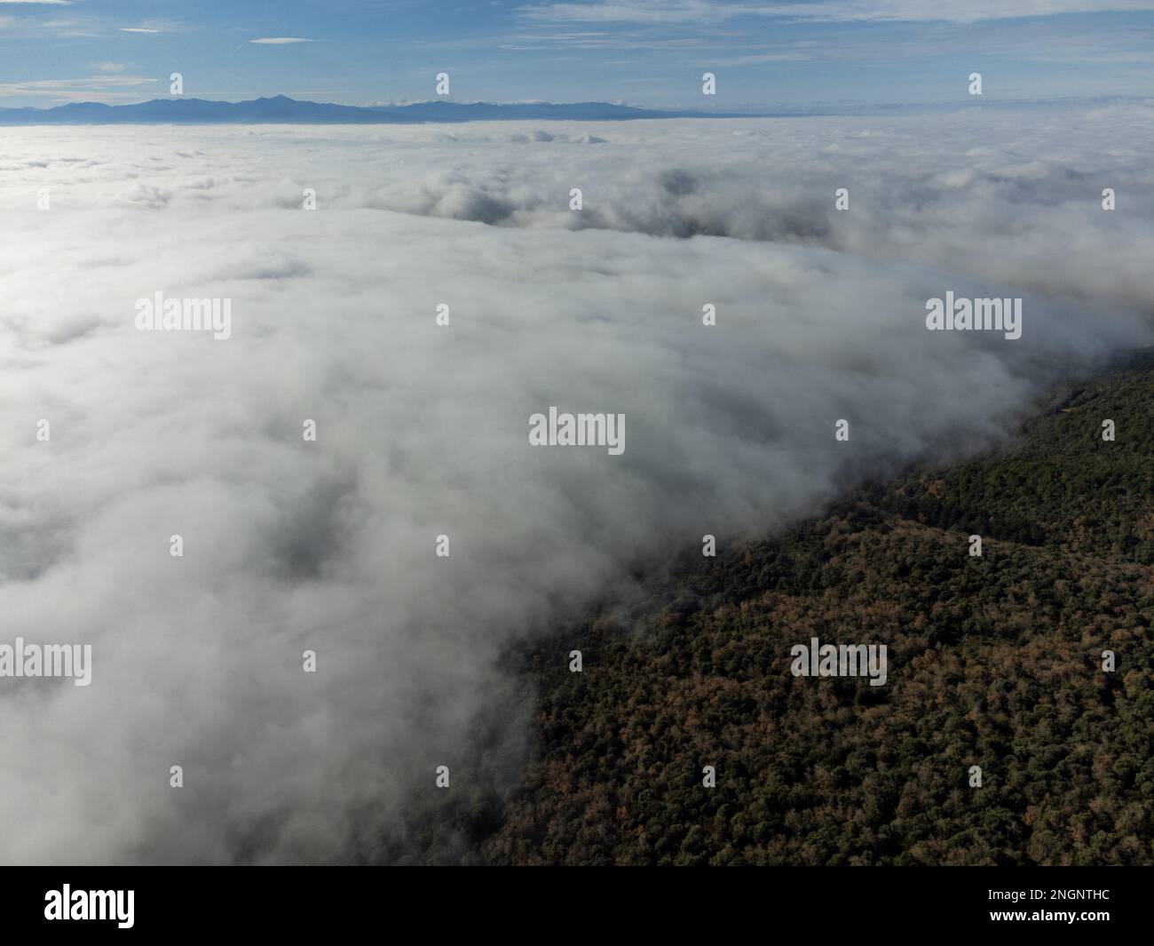 Sea of white clouds above Rioja Alavesa wine making alley as seen from ...