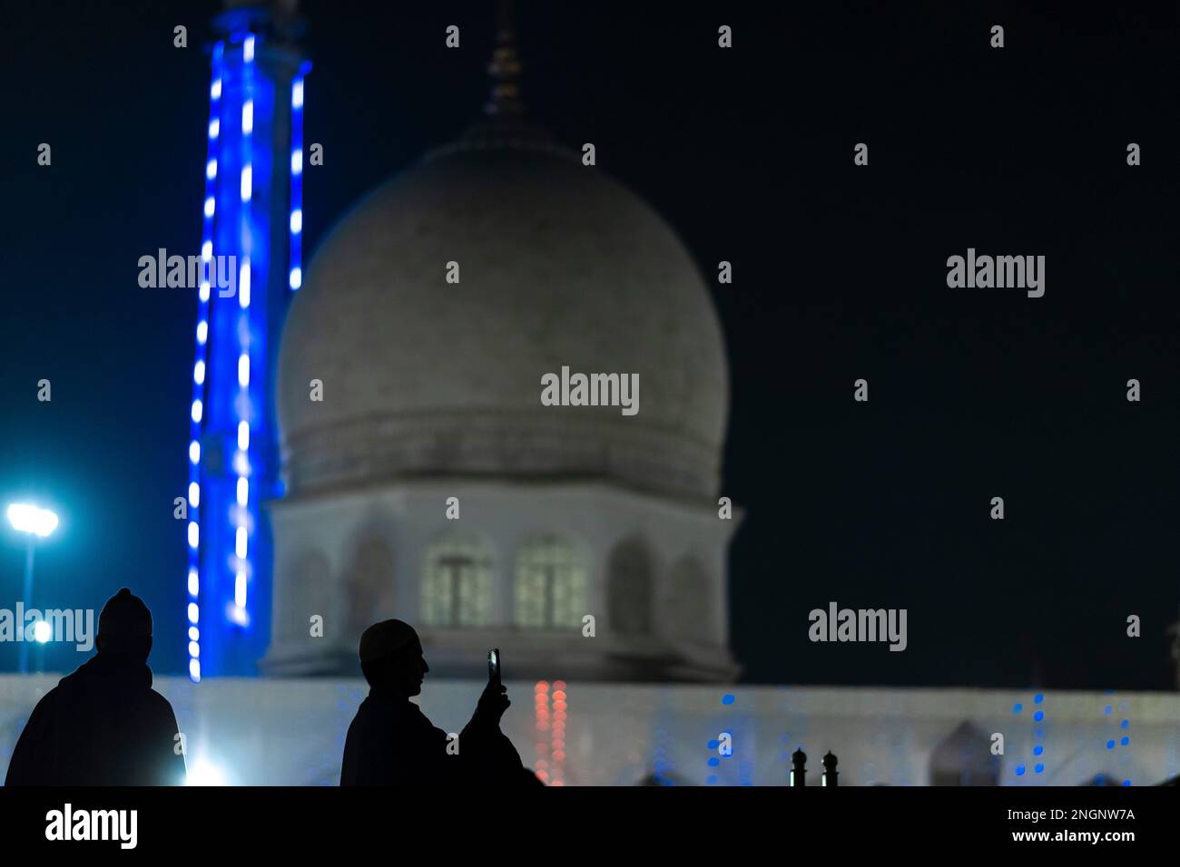 A view of illuminated Hazratbal Shrine on the occasion of Shab-e-Miraj ...