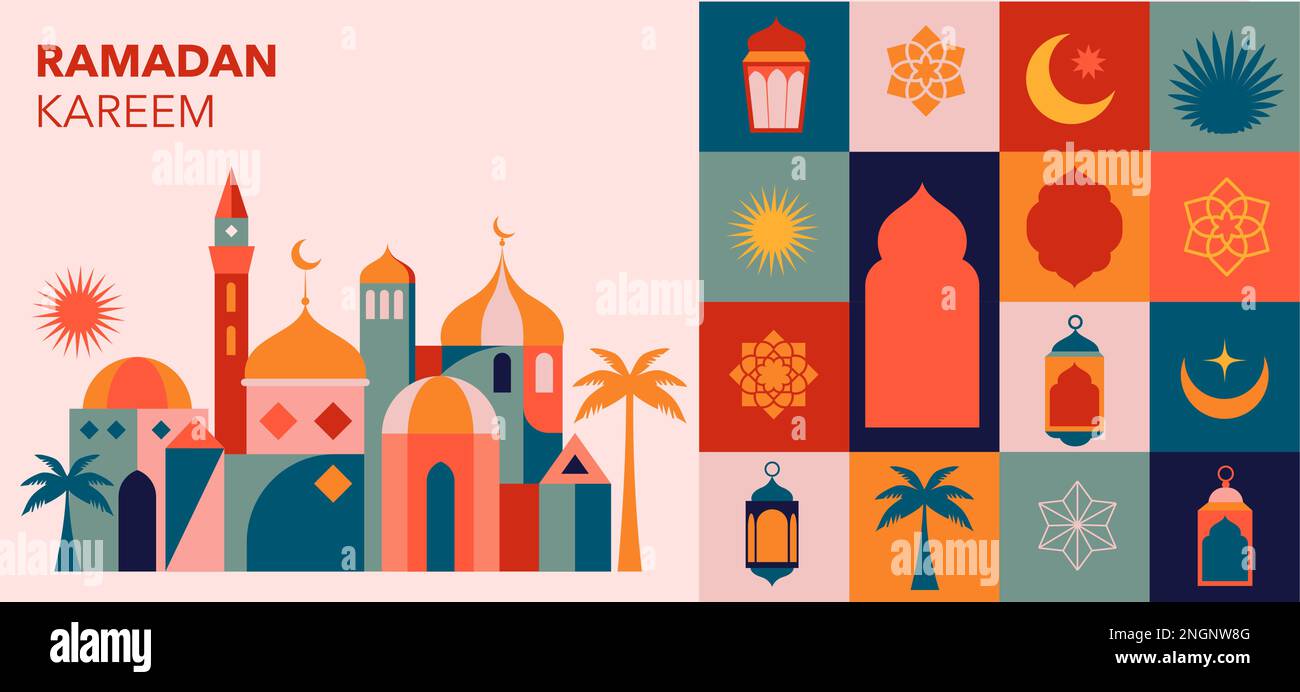 Geometric style colorful Islamic Ramadan Kareem banner, poster design ...