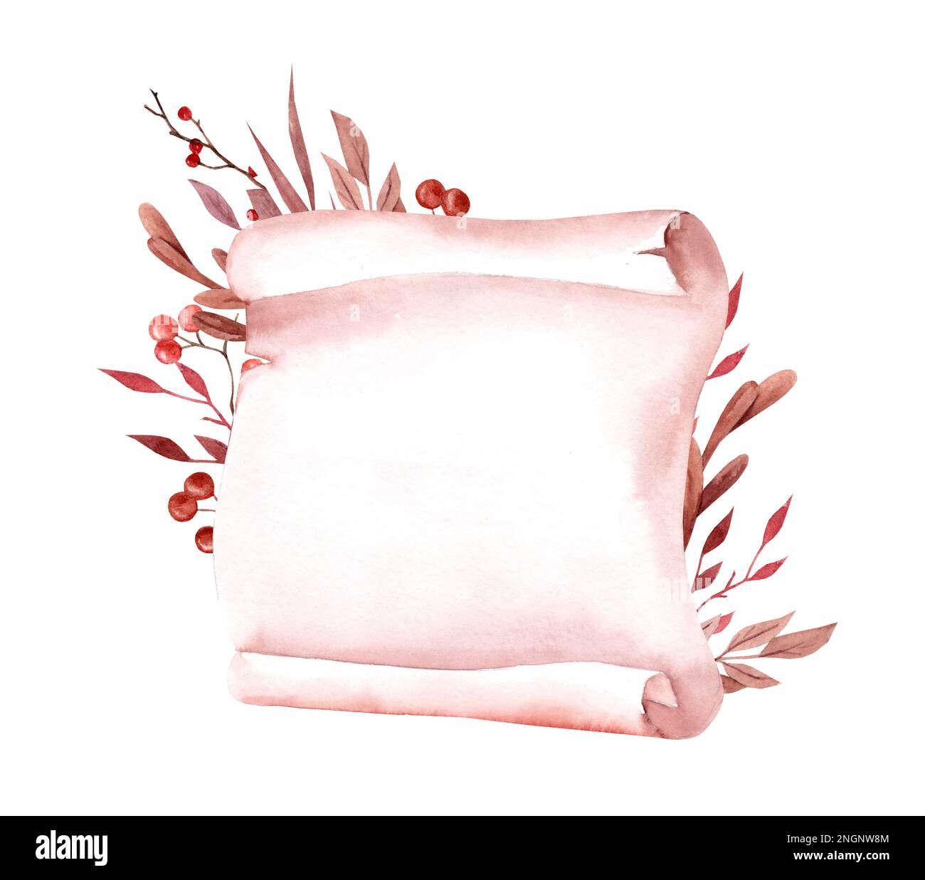 Old paper scroll or parchment with autumn decor. Watercolor hand drawn ...