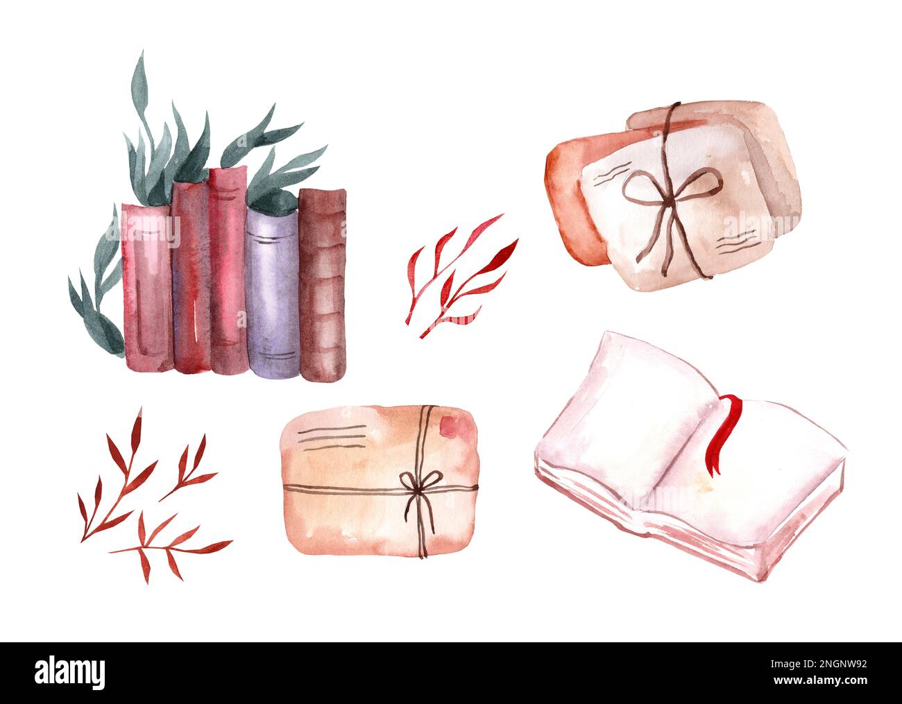 Set of vintage watercolor illustrations. Opened book, stack of books ...