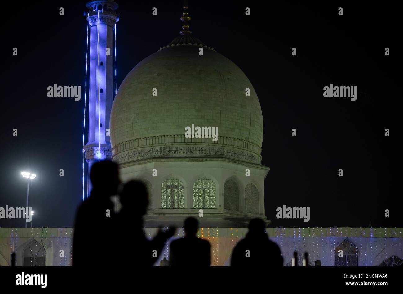A view of illuminated Hazratbal Shrine on the occasion of Shab-e-Miraj ...