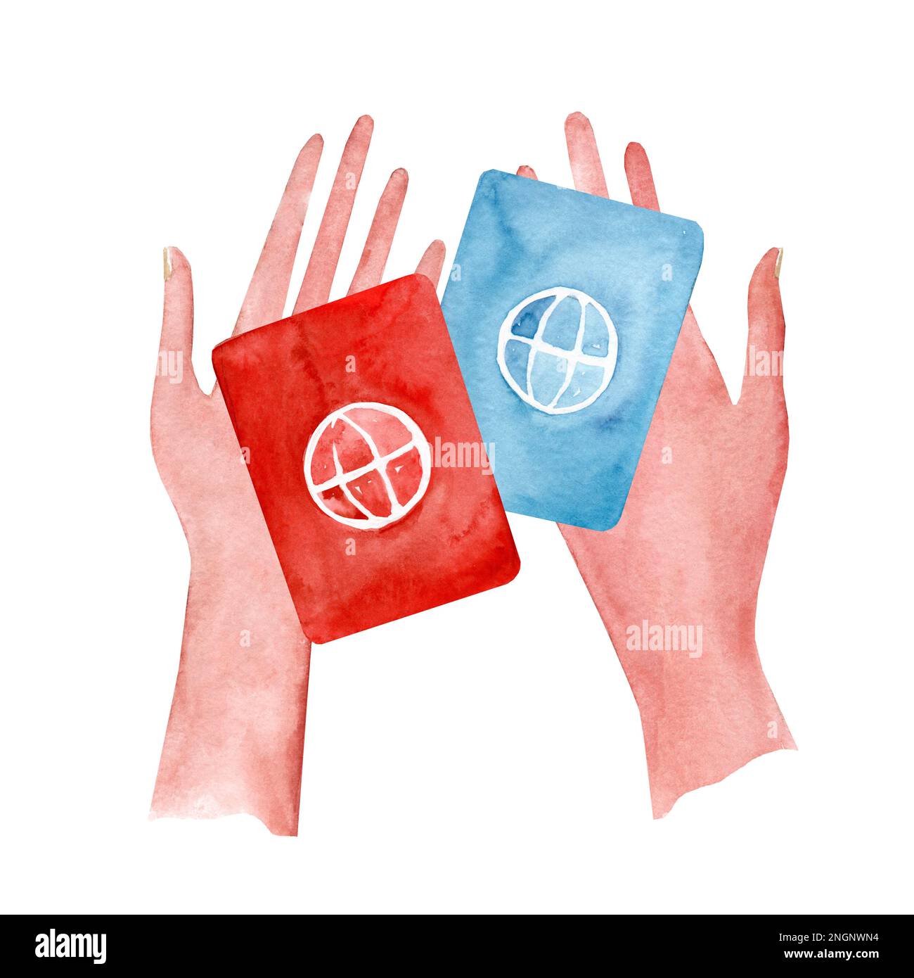 Colored watercolor drawing of female hands holding passports. Hand ...