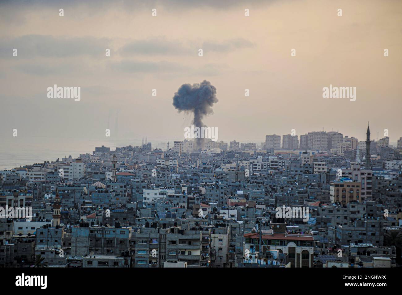 Gaza, Palestine. Vivid image of flames and smoke from the Israeli air ...