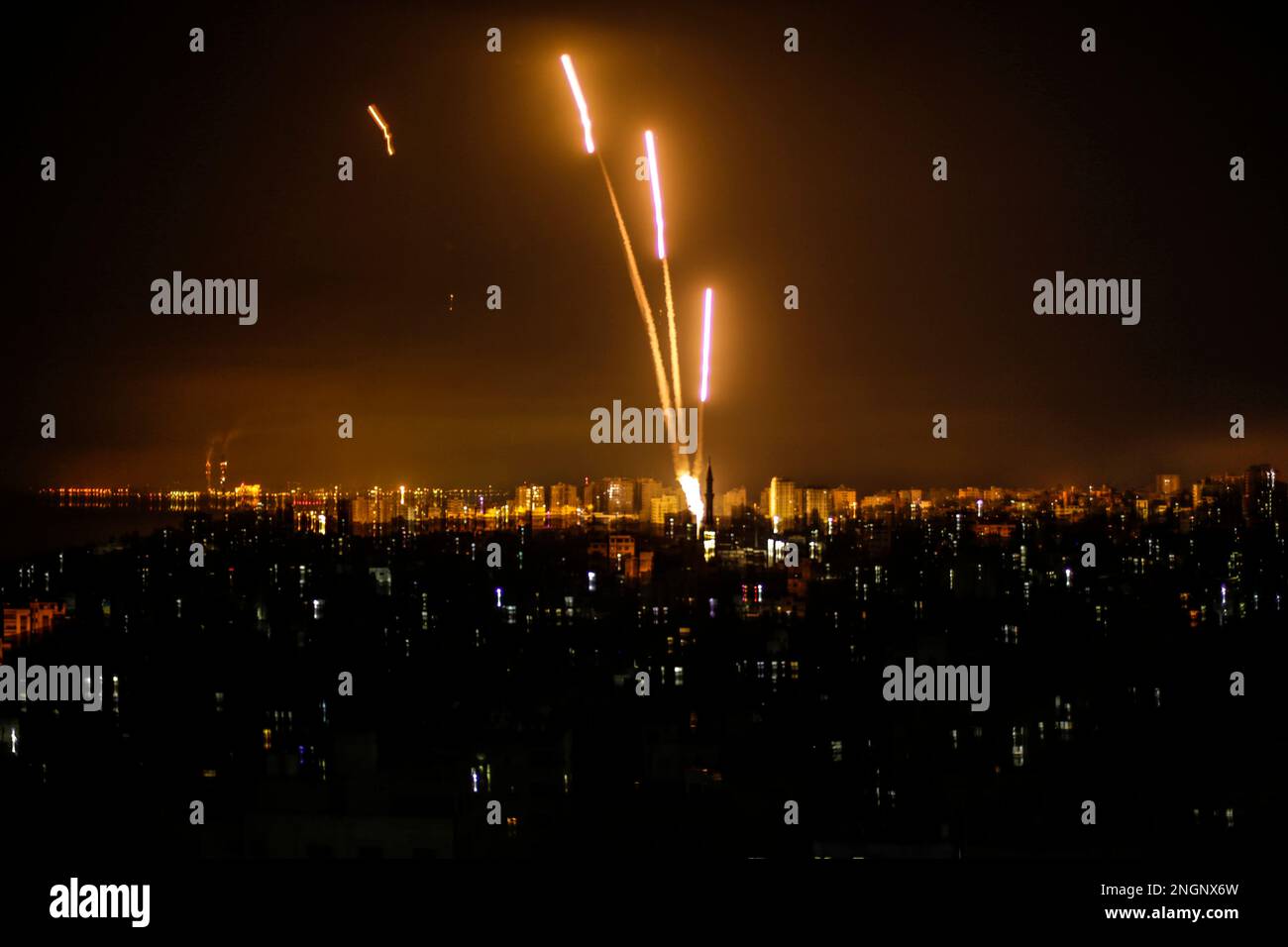 Gaza, Palestine. Vivid image of flames and smoke from the Israeli air ...