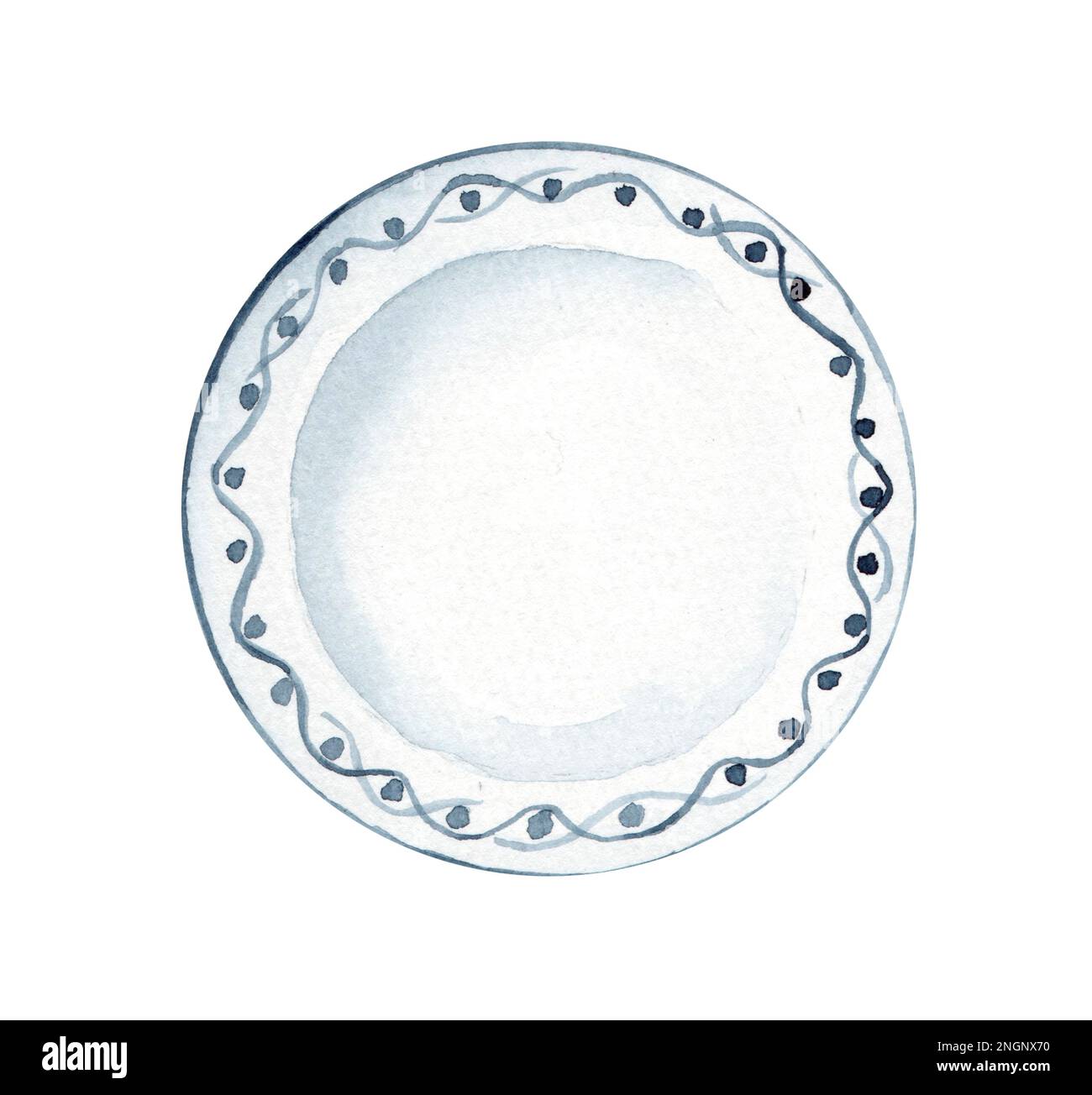 Ceramic vintage plate with a rustic blue pattern. watercolor hand drawn ...