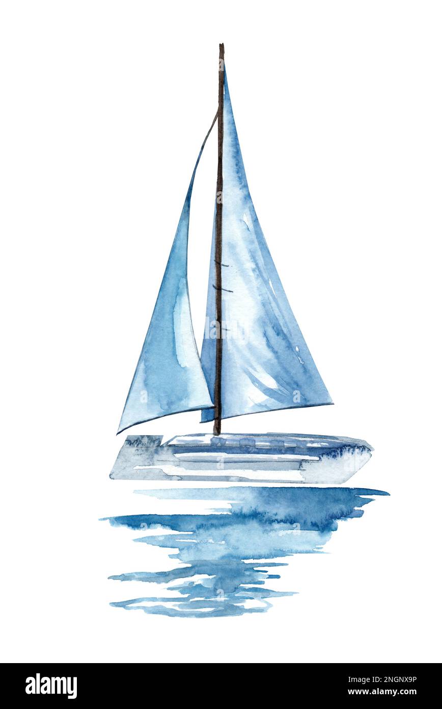 Sailing boat on the surface of the water. Watercolor illustration ...