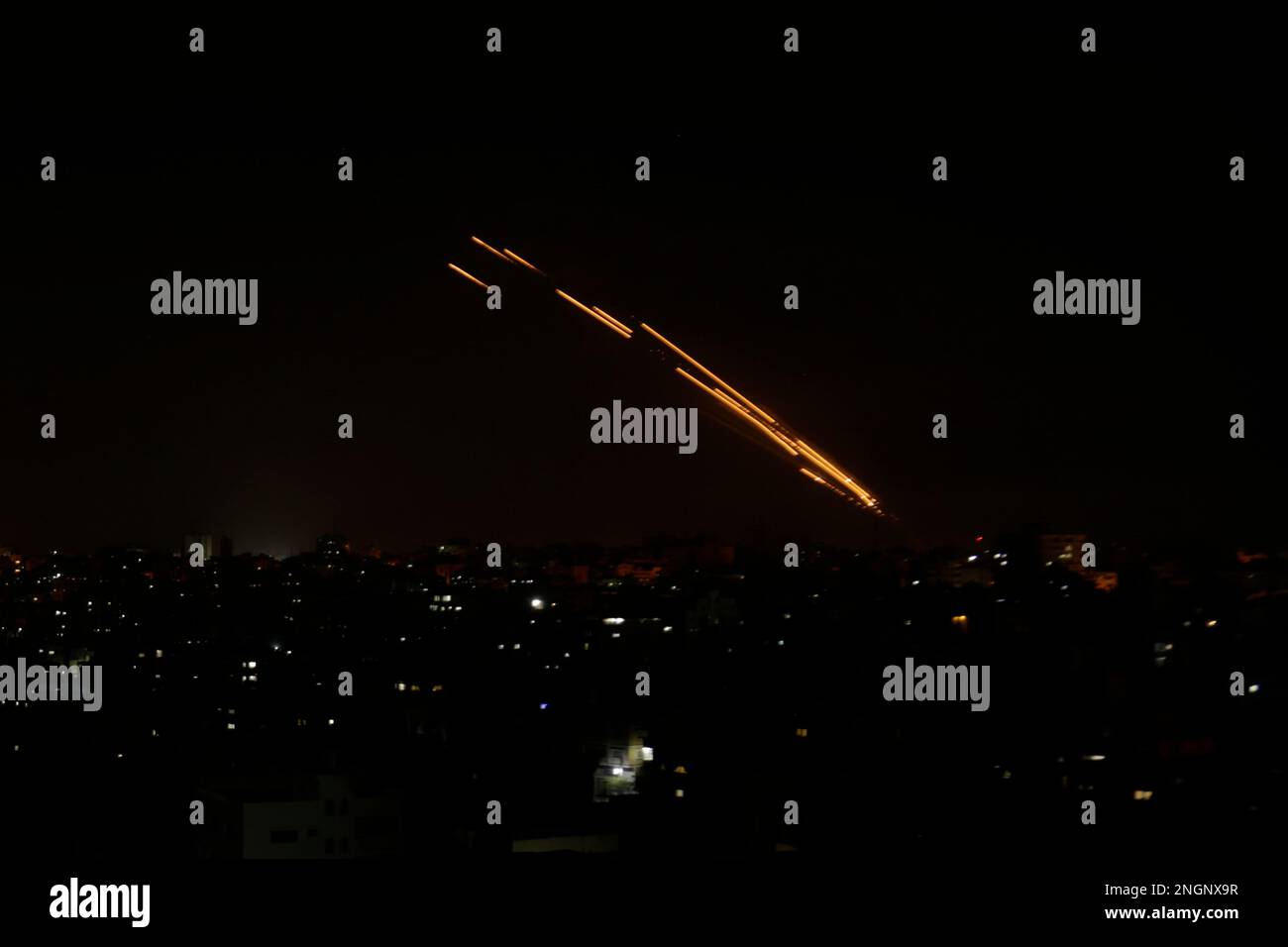 Gaza, Palestine. Vivid image of flames and smoke from the Israeli air ...