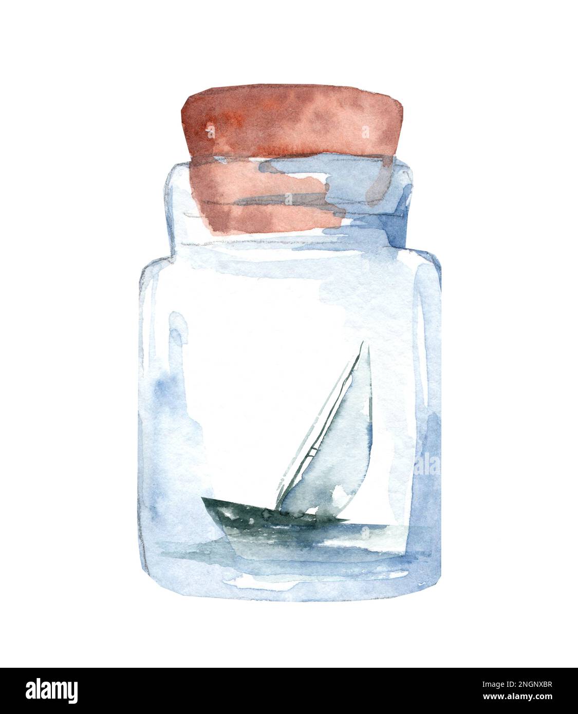 Watercolor glass jar with a small yacht in the ocean. Memories. Ship in ...