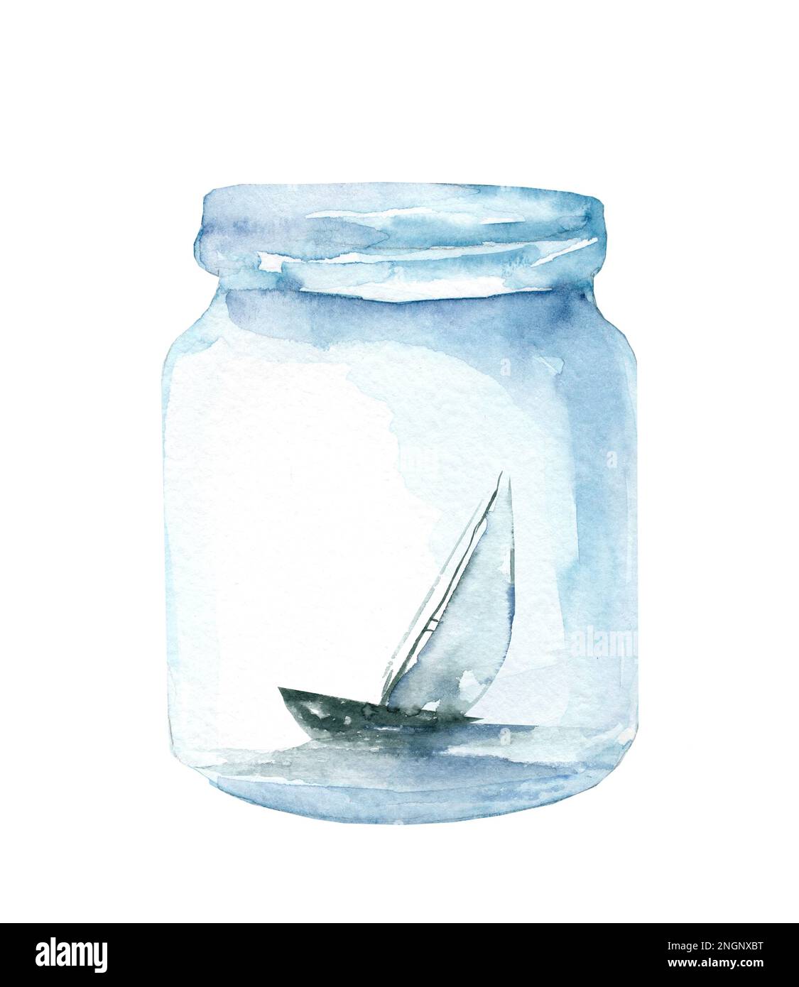 Watercolor glass jar with a small yacht in the ocean. Memories. Ship in ...