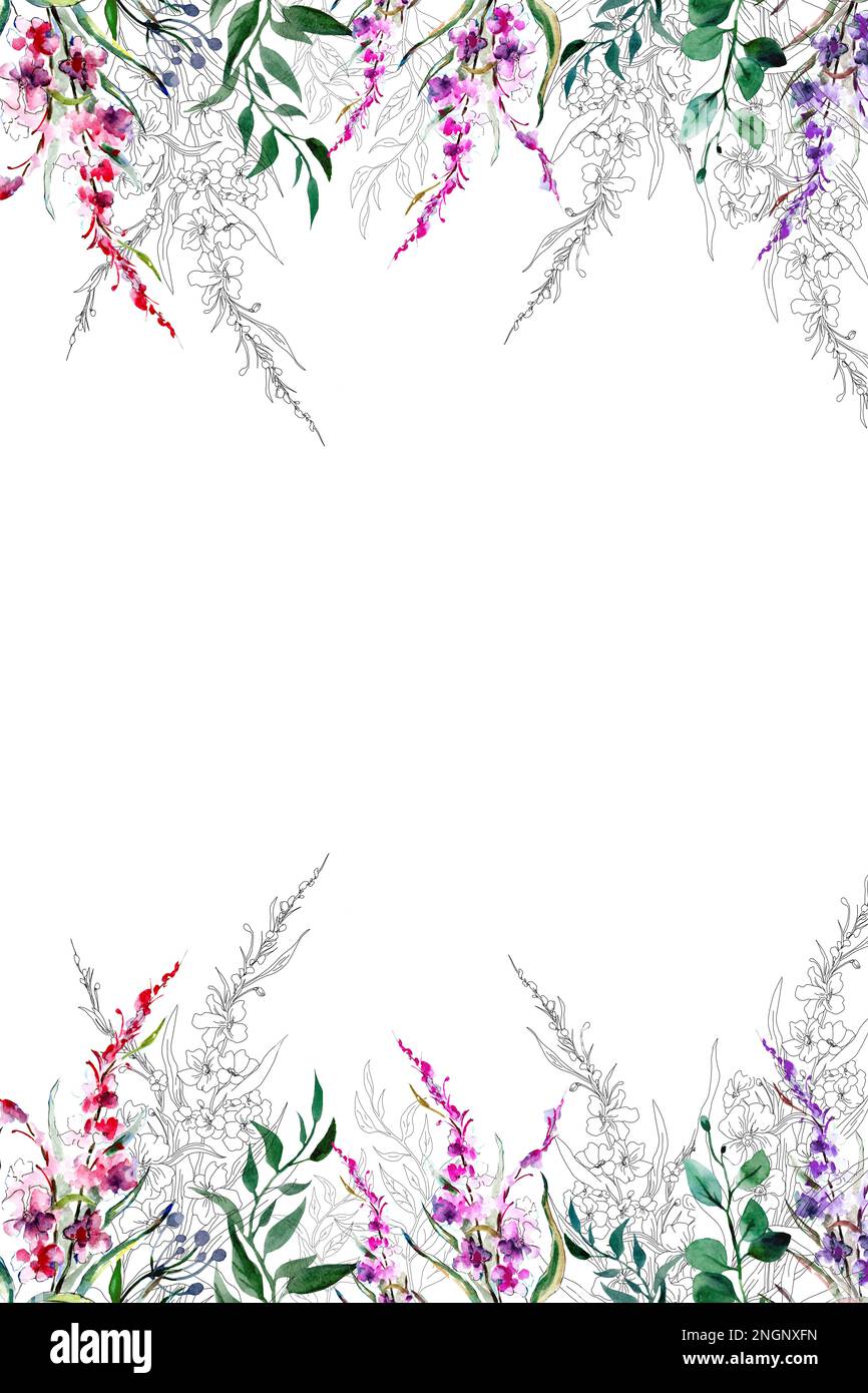 Watercolor christmas frame for design. Spring wildflowers and herbs ...