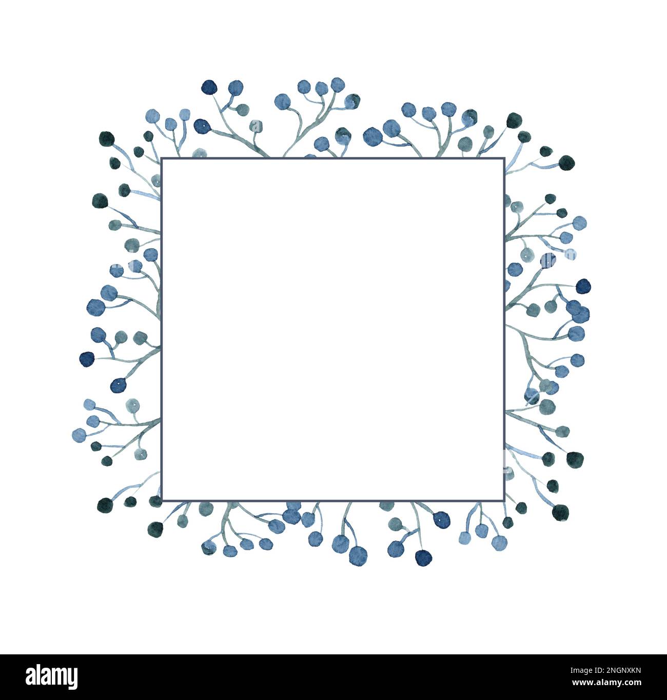 Watercolor square frame with blue and blue leaves. Winter plants ...