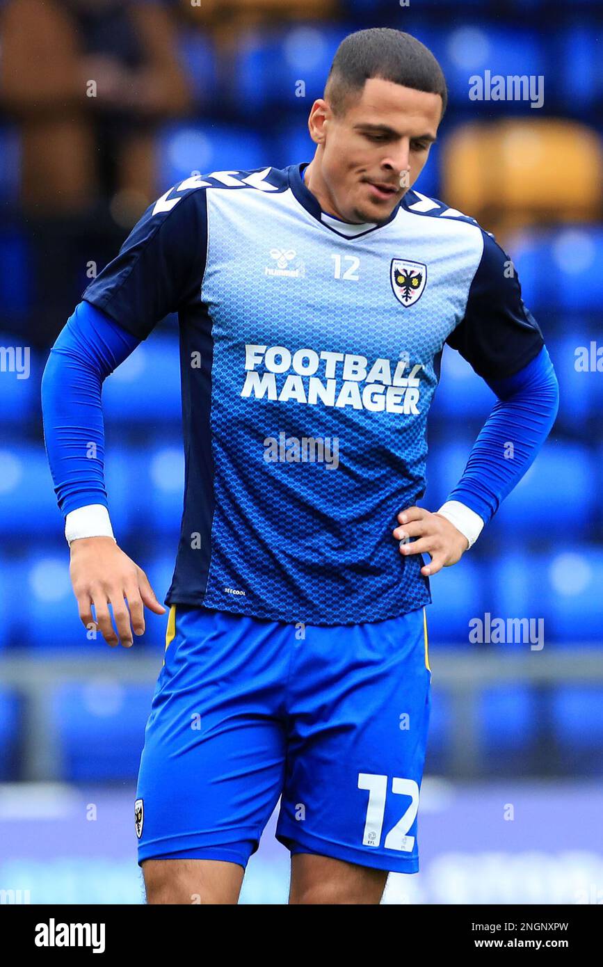 London, UK. 18th Feb, 2023. Ali Al-Hamadi of AFC Wimbledon warming up ...