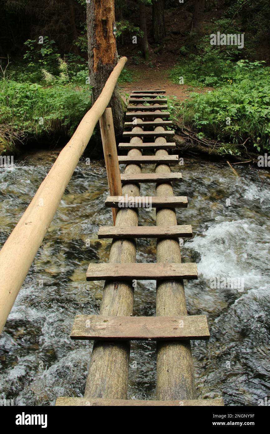 Dangerous trail through a waterfall with wooden ladders in the Slovak ...