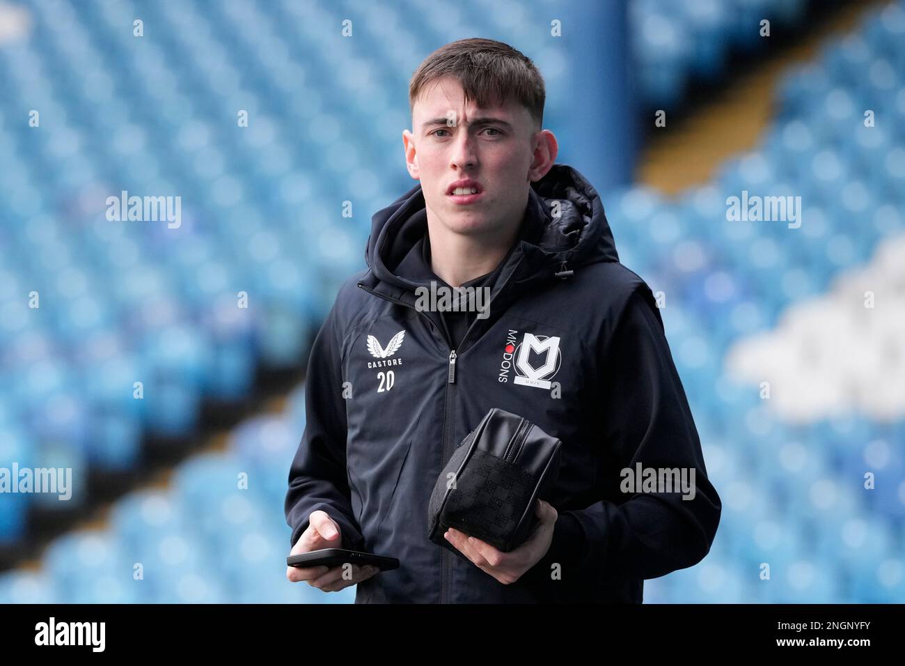 Darragh Burns #20 of MK Dons arrives at the stadium before the Sky Bet ...